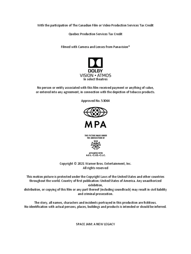 Space Jam: A New Legacy Credits Preview | PDF | Animation | Cinema