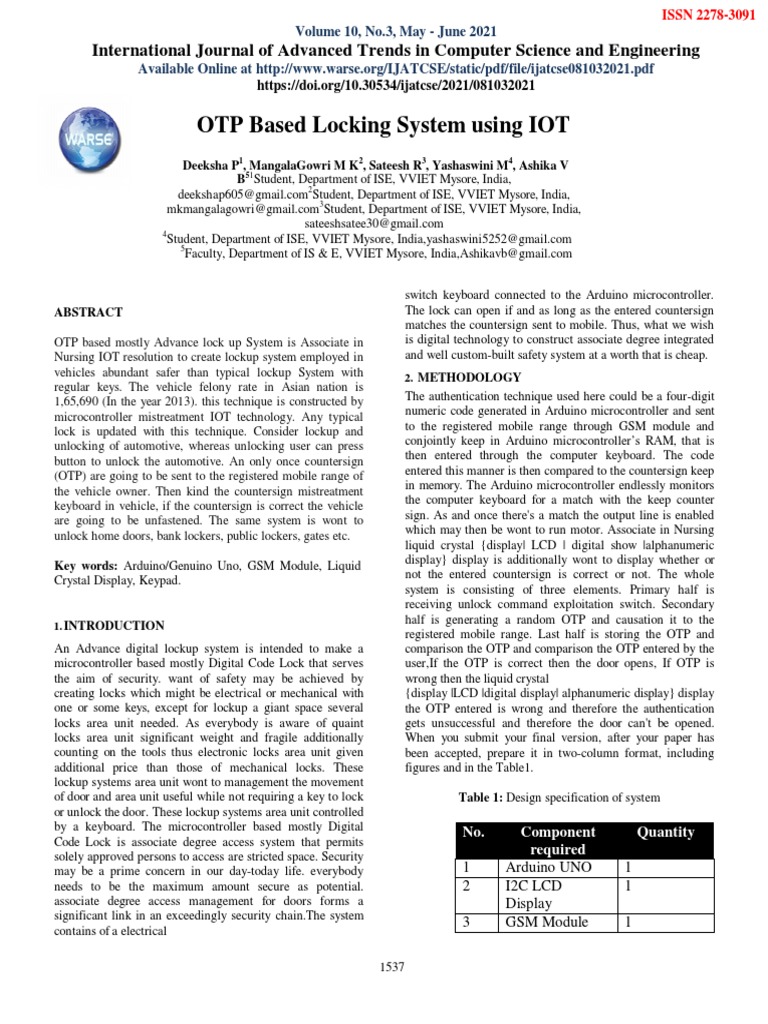 OTP Based Locking System Using IOT | PDF | Arduino | Computer Engineering