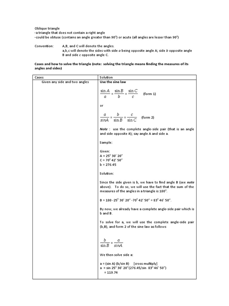 Oblique Triangles | PDF | Sine | Trigonometric Functions
