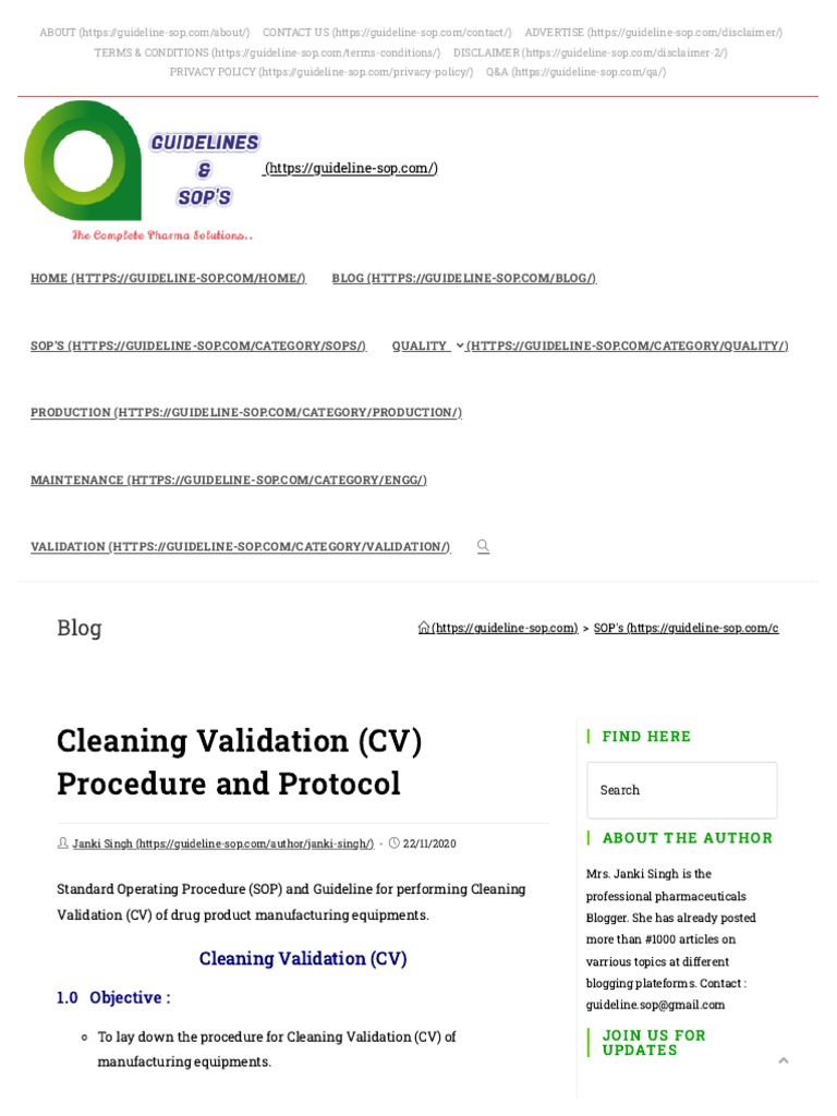 Cleaning Validation (CV) Procedure and Protocol - Guideline SOPs ...