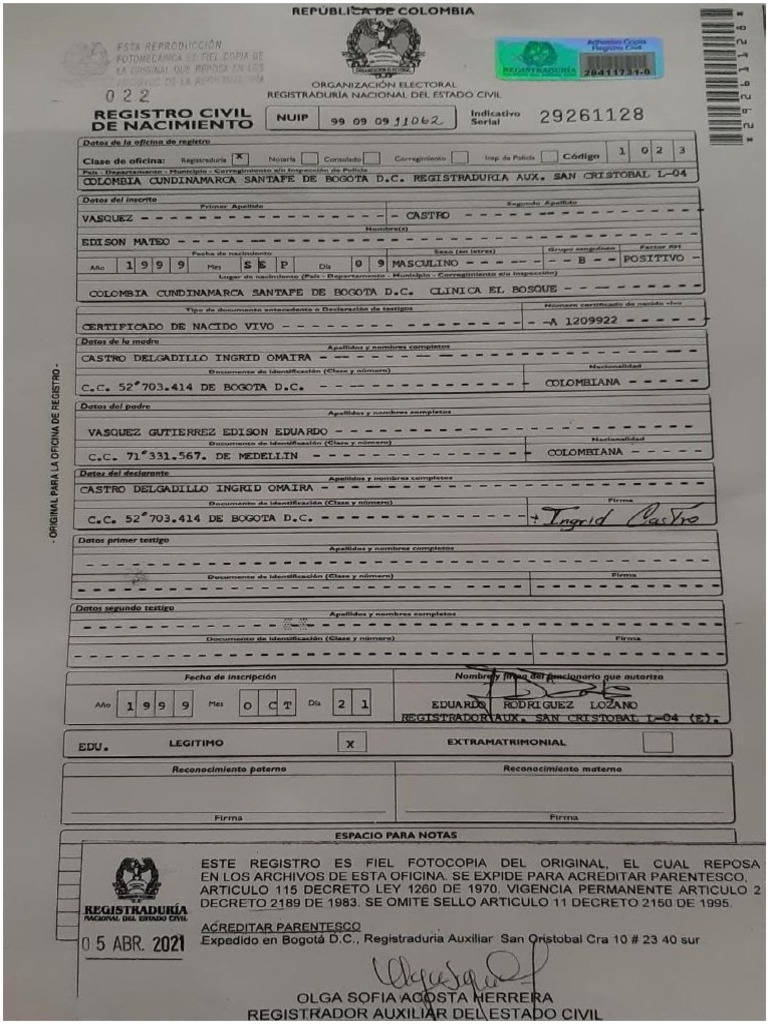 Registro Civil de Nacimiento | PDF