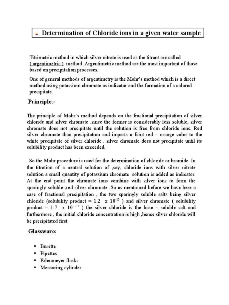 Determination of Chloride Ions in A Given Water Sample | PDF ...