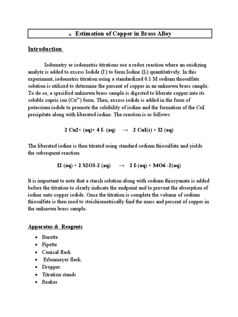 Estimating Copper in Brass with Iodometry | PDF | Titration | Chemistry