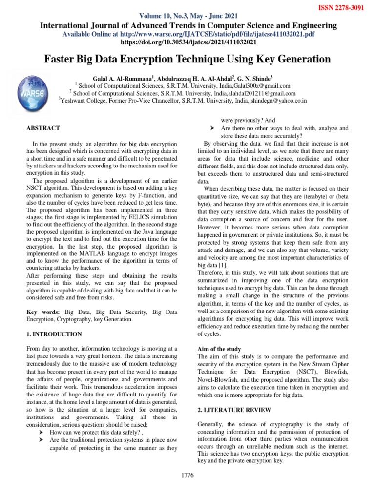 Faster Big Data Encryption Technique Using Key Generation | PDF | Key ...
