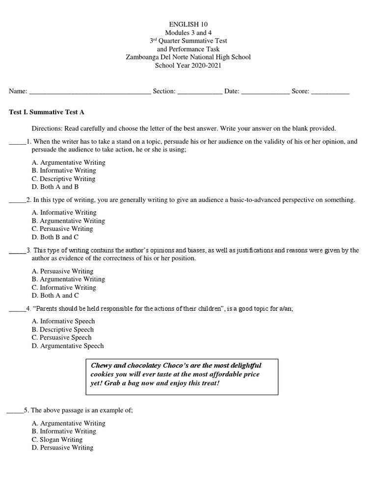 English 10 Summative Test 2 and Performance Task 2 | PDF | Word ...