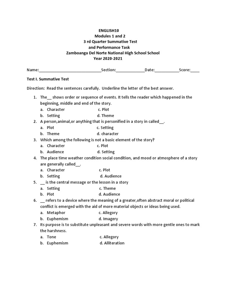 English 10 Summative Test & Task Guide | PDF | Allegory | Narrative