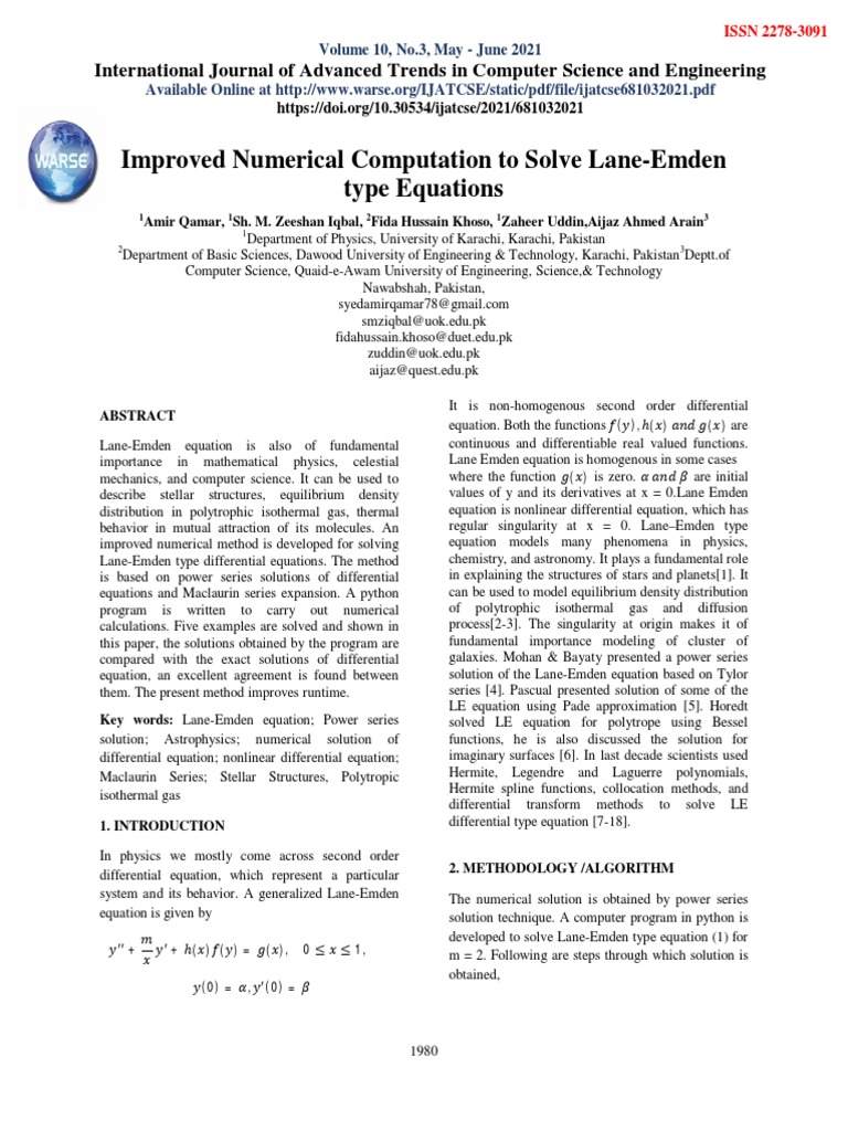 Improved Numerical Computation To Solve Lane Emden Type Equations Pdf Equations Numerical