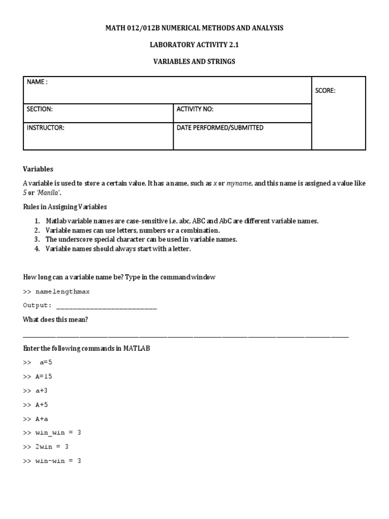 Matlab Activity 2.1 | PDF | Data Type | Matlab Matlab Activity 2.1 | PDF | Data Type | Matlab