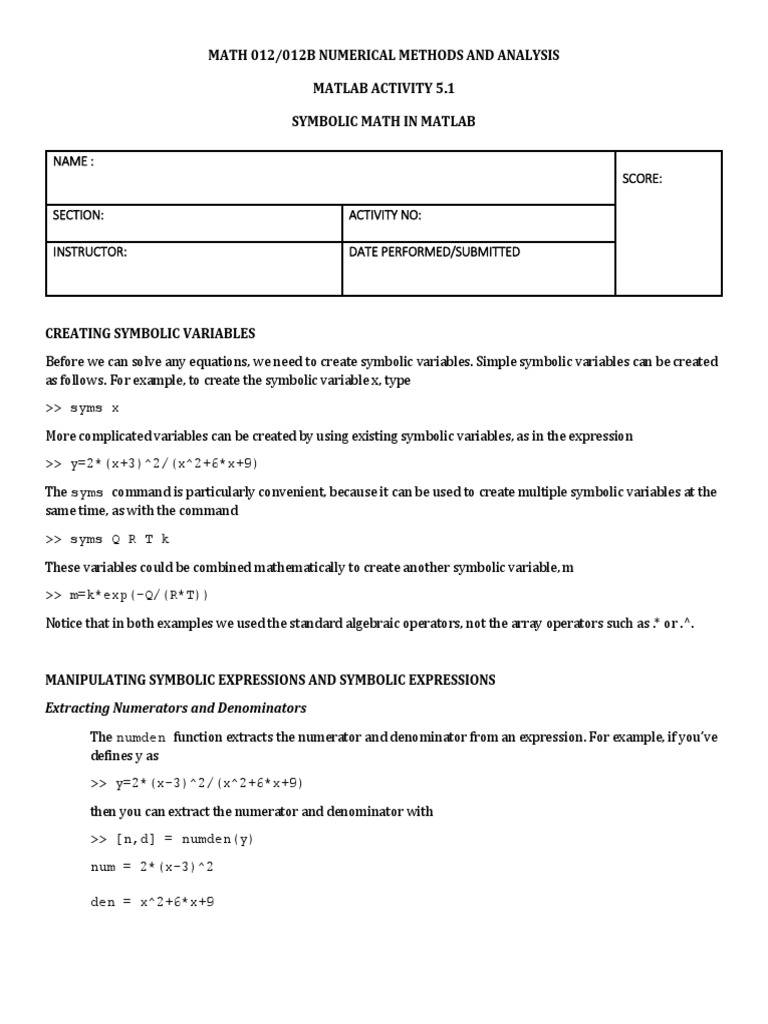 Matlab Activity 5.1 | PDF | Derivative | Polynomial