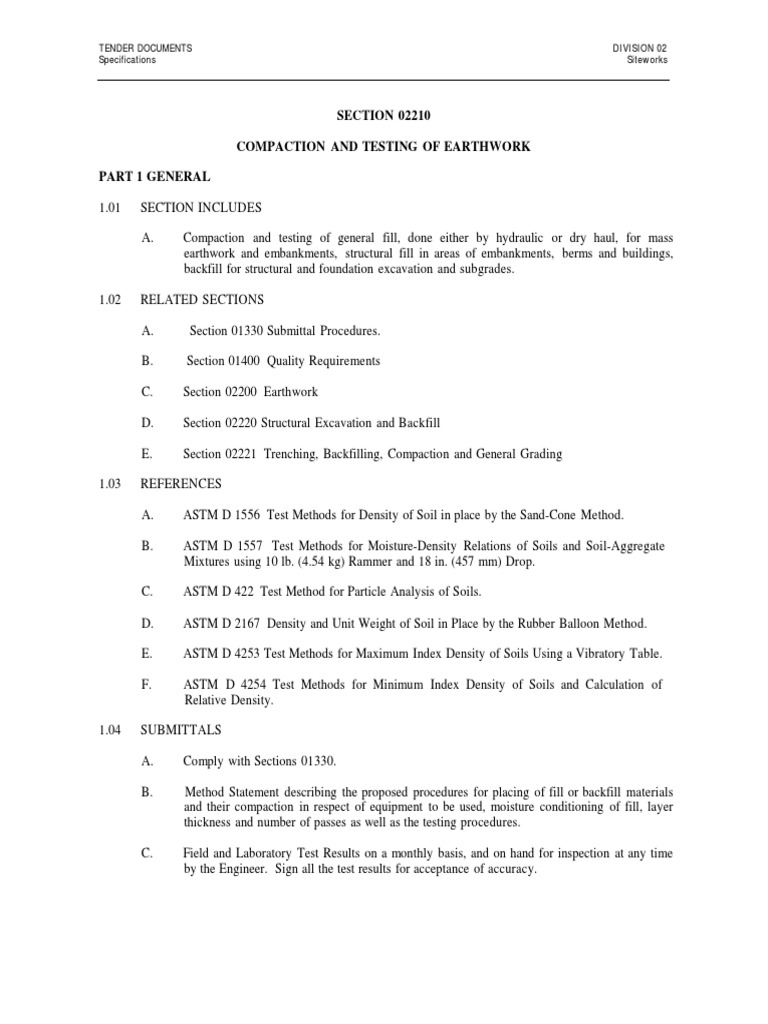 DIV 2-SITE WORK Sec 02210-Compaction and Testing of Earthwork | PDF ...