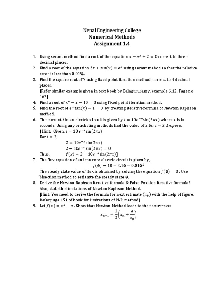 Nepal Engineering College: Numerical Methods Assignment 1.4 | PDF