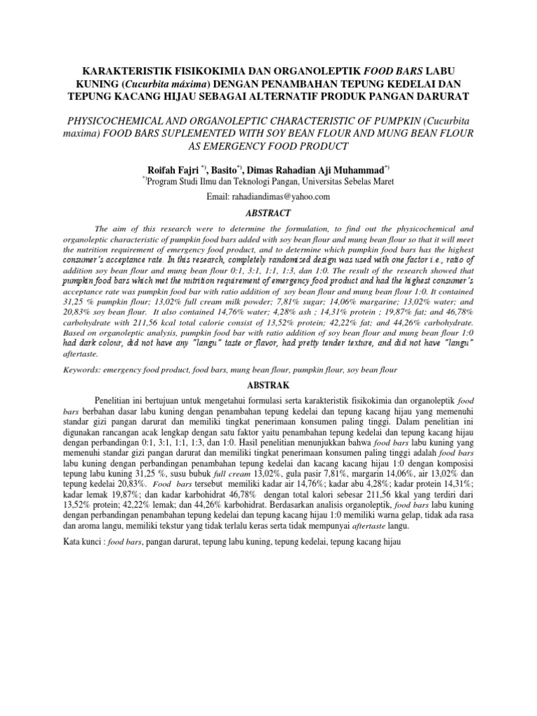 KARAKTERISTIK FISIKOKIMIA DAN ORGANOLEPTIK FOOD BARS LABU KUNING (Cucurbita Máxima) DENGAN ...