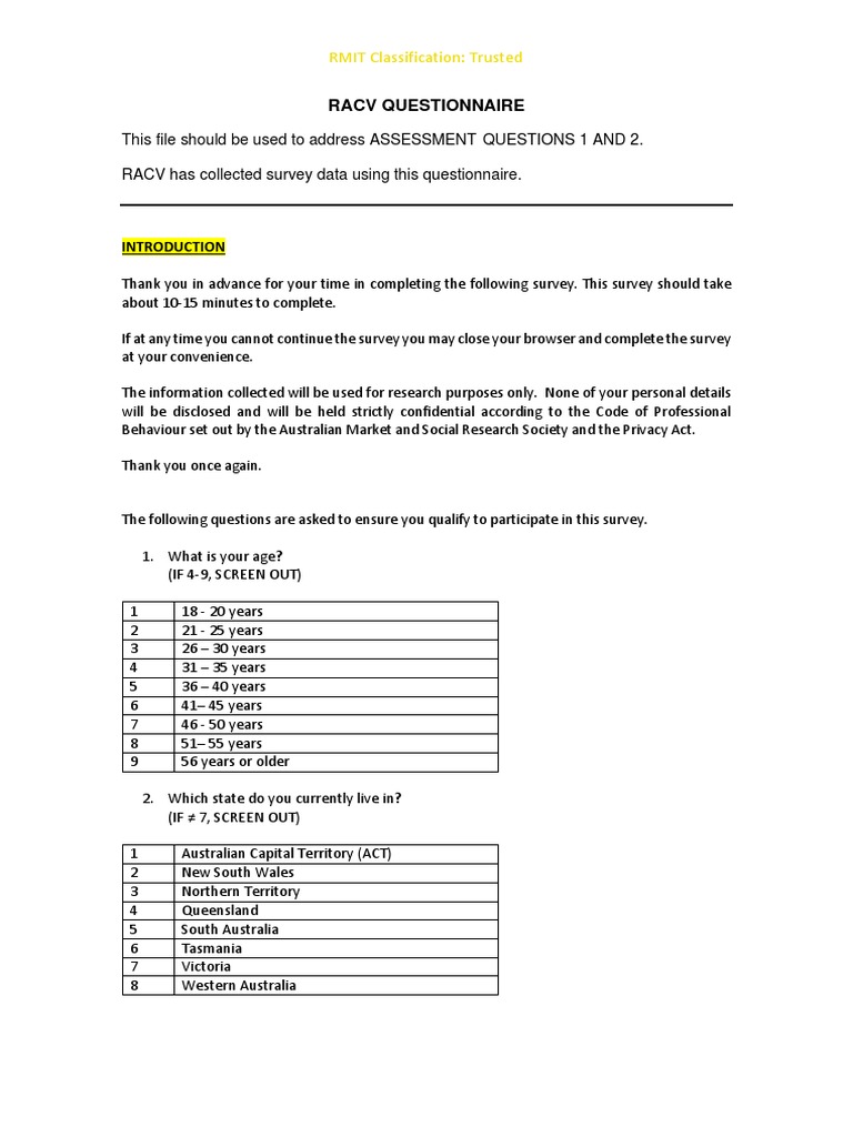 Racv Questionnaire: RMIT Classification: Trusted | PDF | Australia ...
