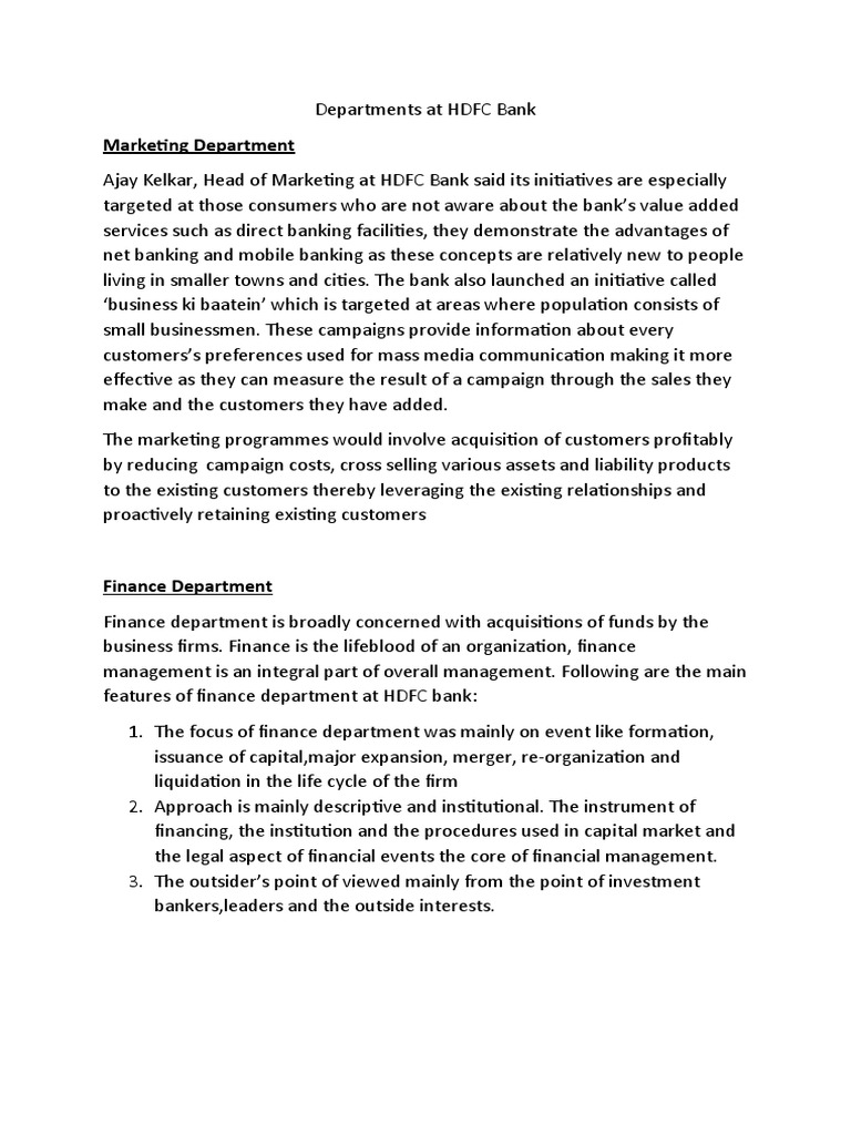 HDFC Bank Department Overview | PDF | Mergers And Acquisitions | Banks