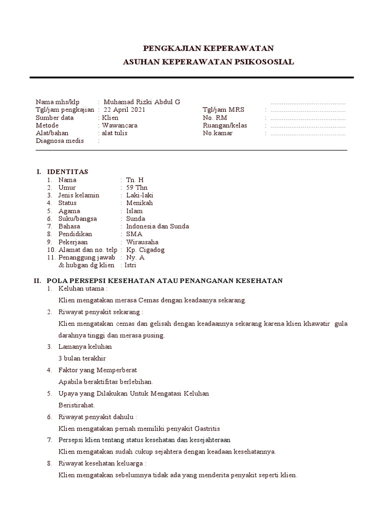 Askep Psikososial TN.H - Muhamad Rizki Abdul Gani - Kelompok 4 - Ners | PDF | Kesehatan Holistik