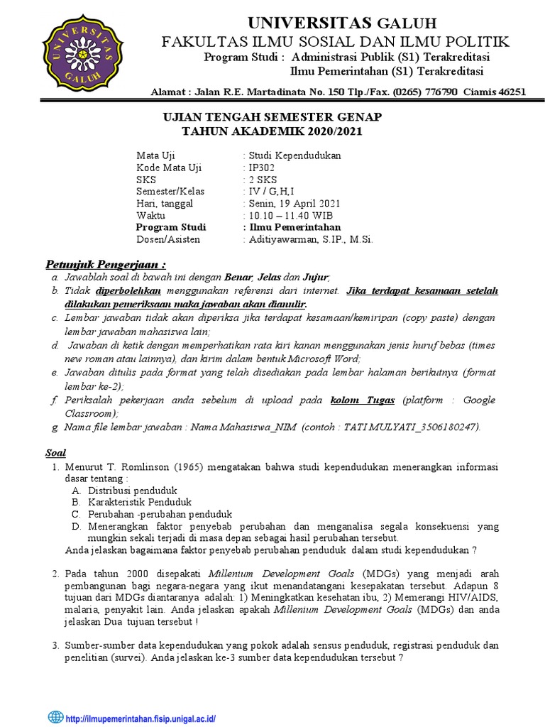 Soal UTS Studi Kependudukan (GHI) | PDF