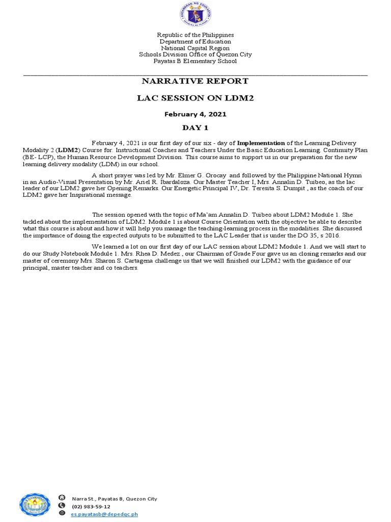 Narrative Report Day 1 1 | PDF