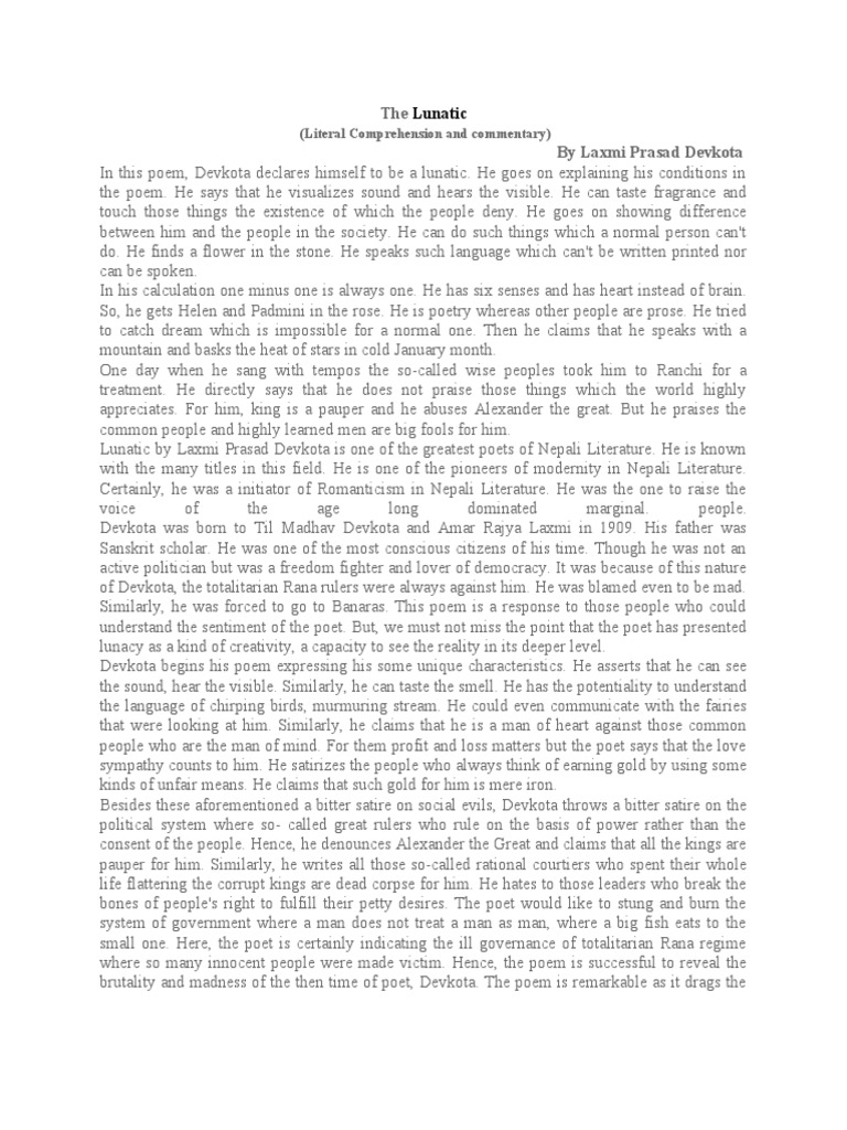The by Laxmi Prasad Devkota: Lunatic | PDF | Poetry