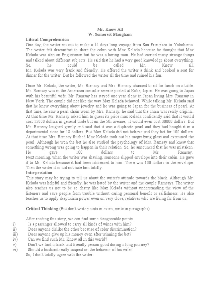 Mr. Know All W. Somerset Maugham Literal Comprehension | PDF | Poetry ...