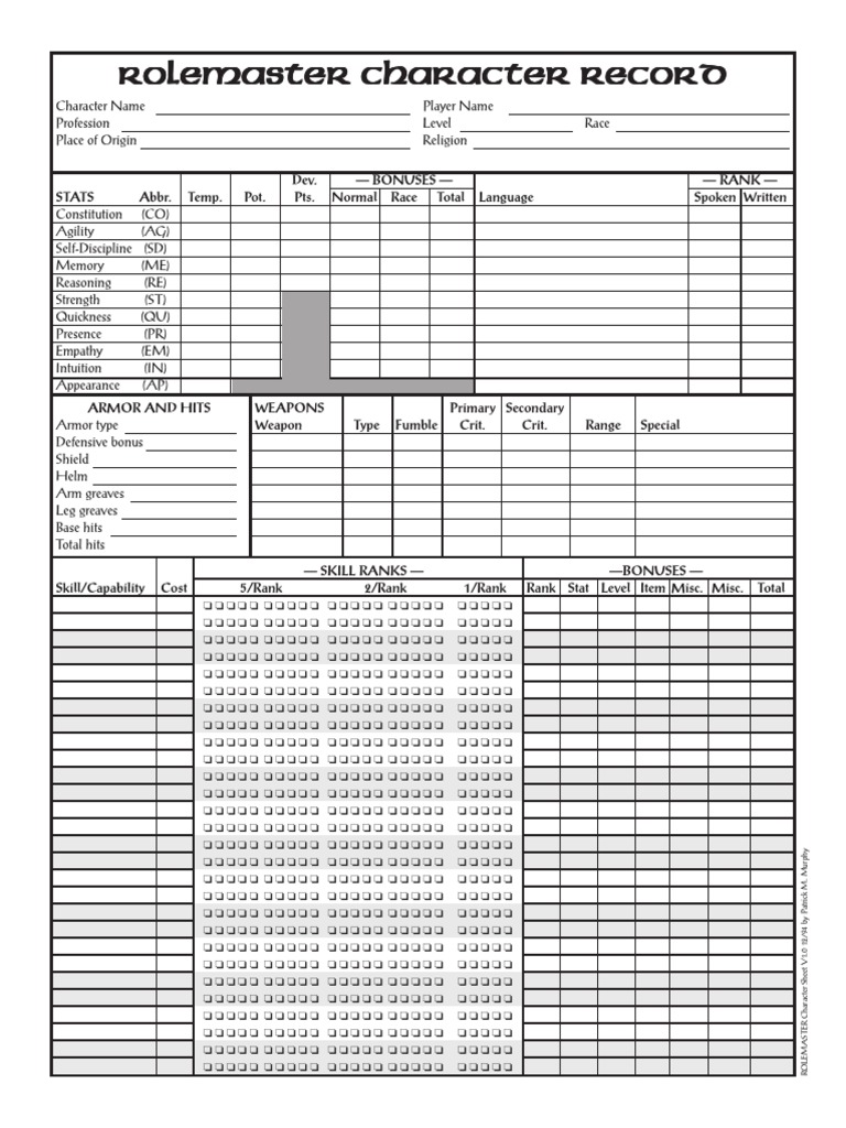 Rolemaster Character Record Rolemaster Character Record Rolemaster ...