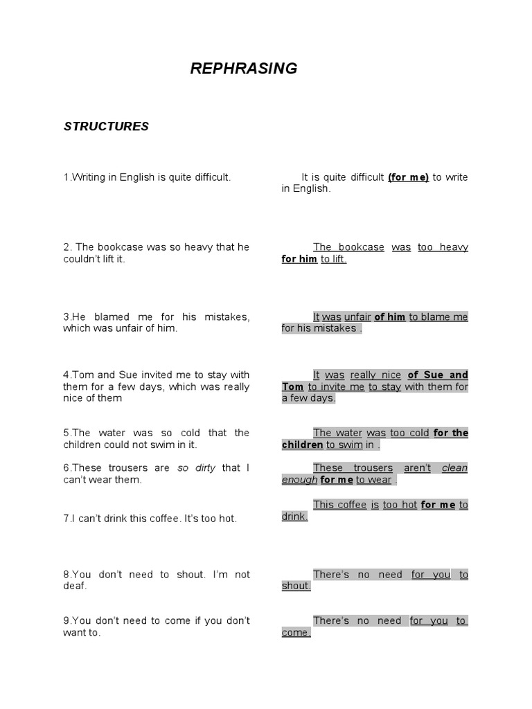 Rephrasing: Structures | PDF | Foods