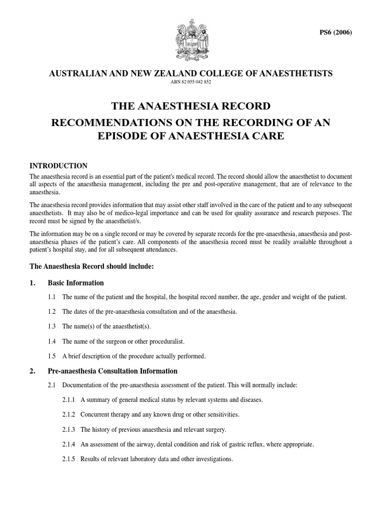 ps06 2006 The Anaesthesia Record Recommendations of The Recording of An ...