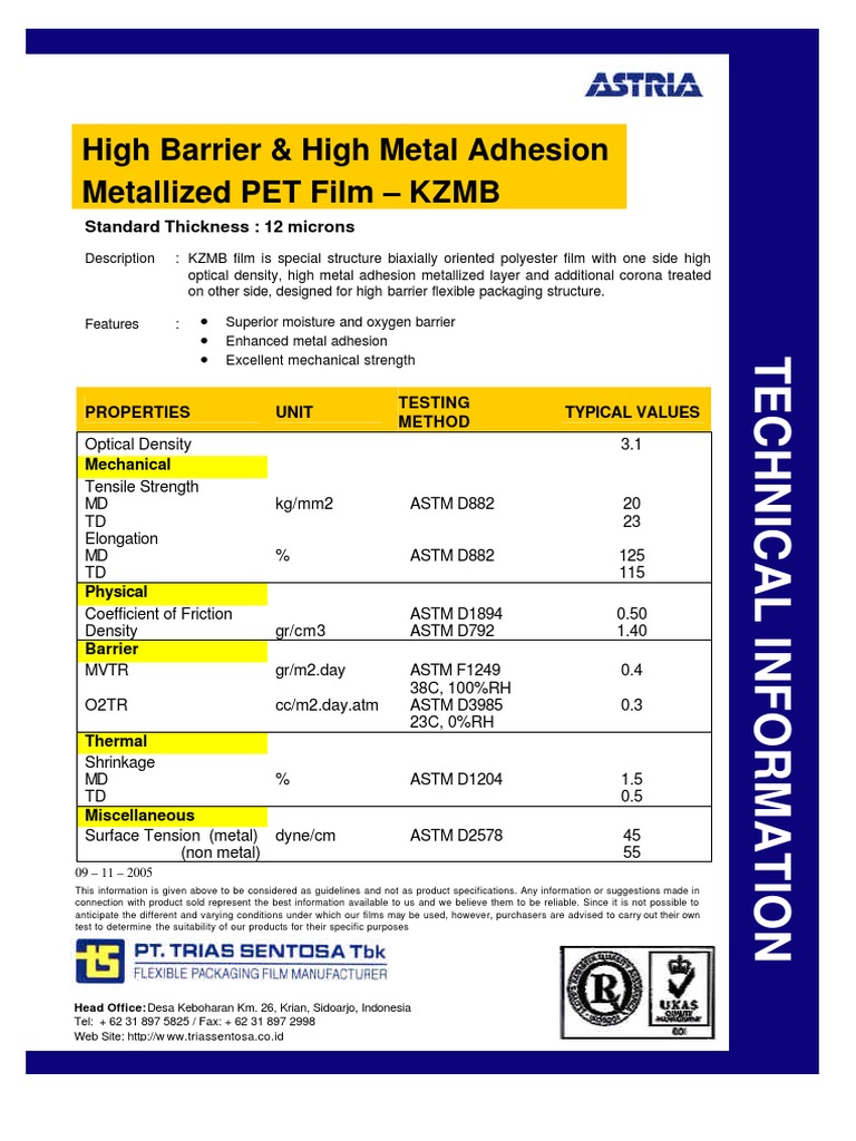 High Barrier & High Metal Adhesion Metallized PET Film - KZMB | PDF ...