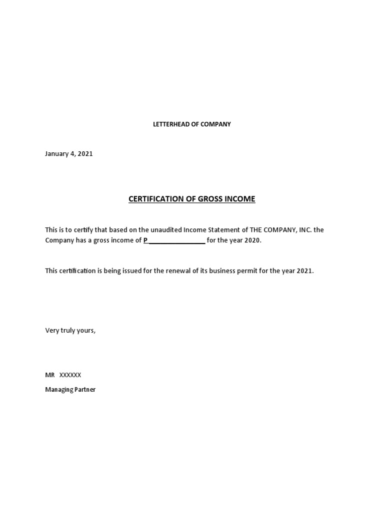 Certification of Gross Income Sample | PDF | Business | Finance & Money ...