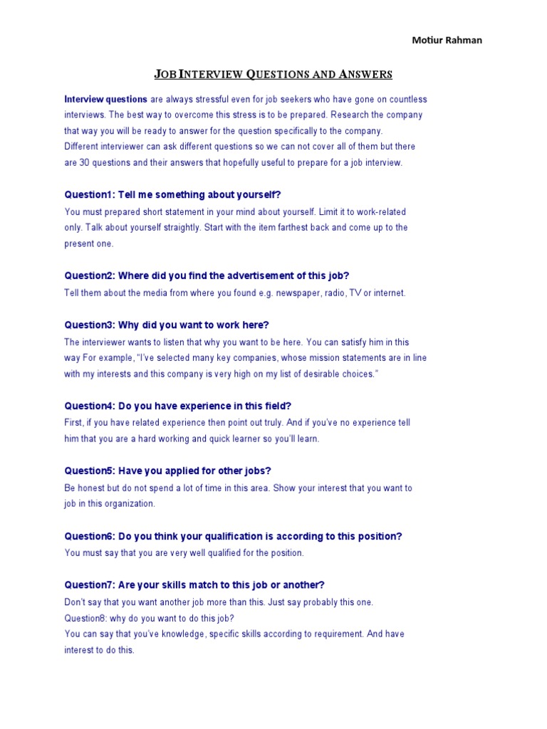 Job Interview Questions and Answers | PDF | Job Interview | Behavior ...