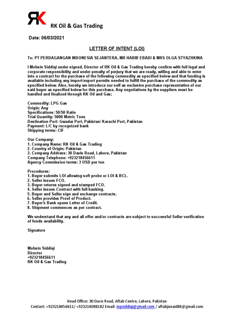 LPG Gas Purchase Letter of Intent | PDF