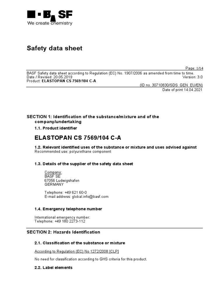Elastopan CS 7569104 C-A 55KG 1a2 | PDF | Dangerous Goods | Toxicity