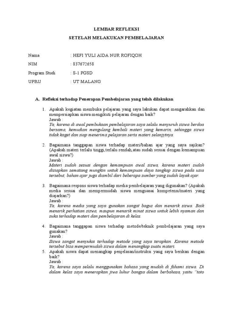 Lembar Refleksi RPP 3 | PDF