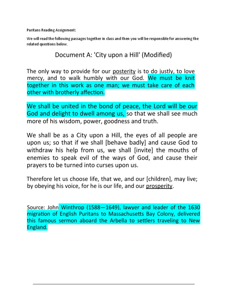 Puritans Reading Assignment-1 | PDF | John Winthrop | Torah