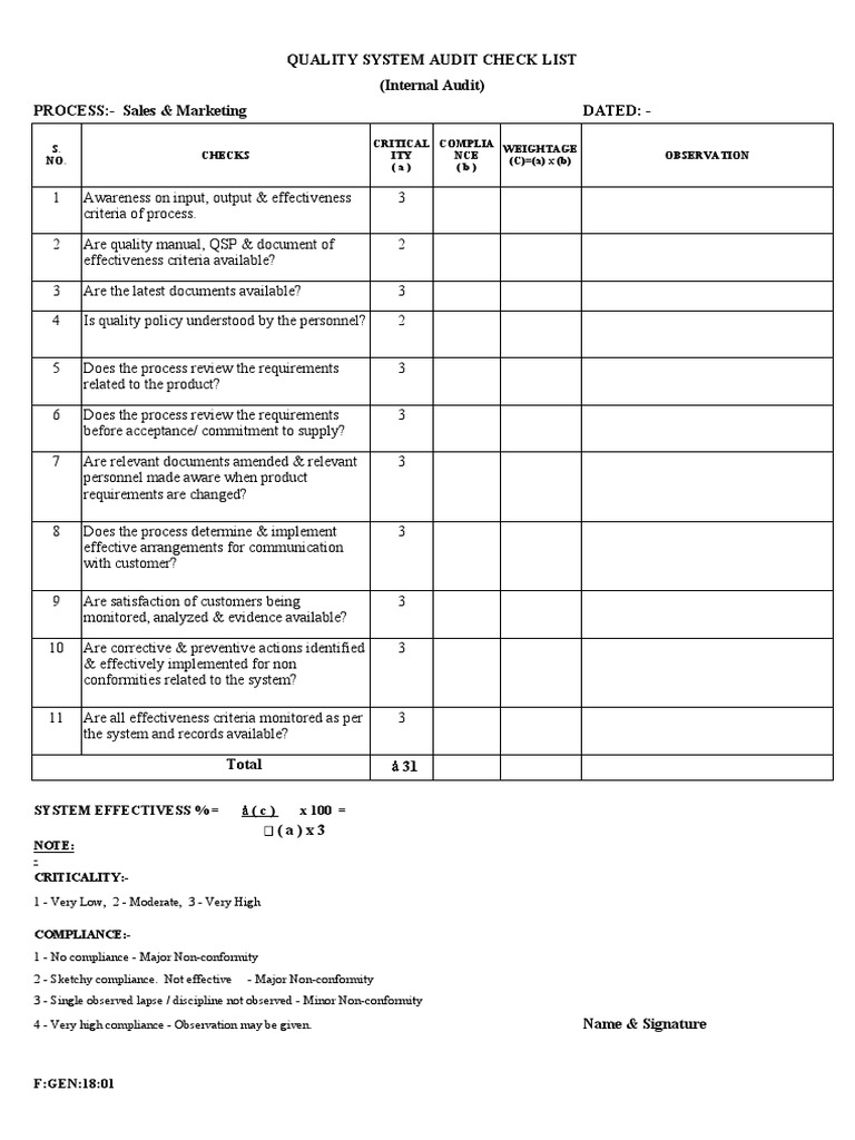 Internal Audit Check List | PDF | Quality Management System | Audit