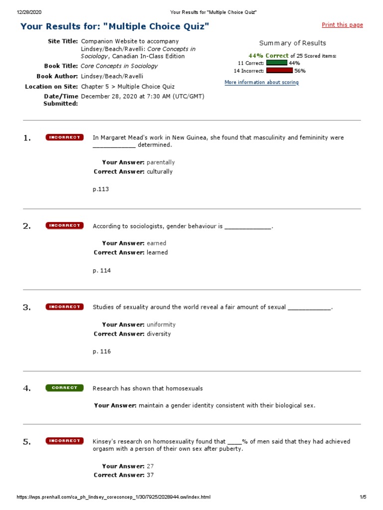 Your Results For: "Multiple Choice Quiz": Sociology, Canadian In-Class ...