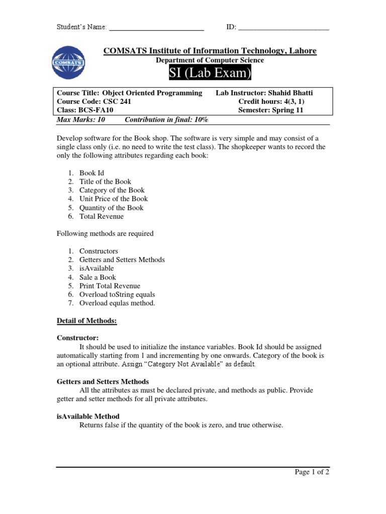 Object Oriented Programming Lab Exam: Developing a Book Shop Management Software with a Book ...