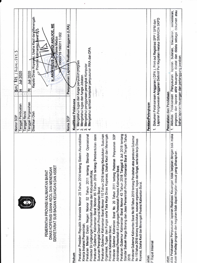 SOP Penyusunan Laporan Realisasi Anggaran LRA | PDF