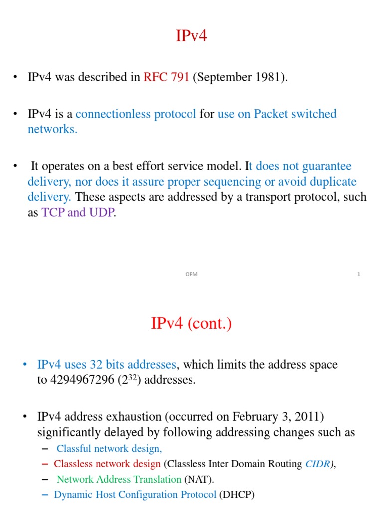 Ipv4 Was Described in (September 1981) - Ipv4 Is A For: Connectionless Protocol Use On Packet ...