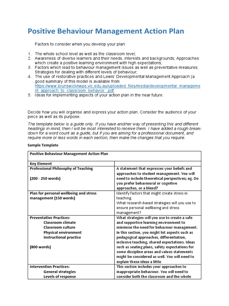 Positive Behaviour Management Action Plan Template Sem 2 2020 ...