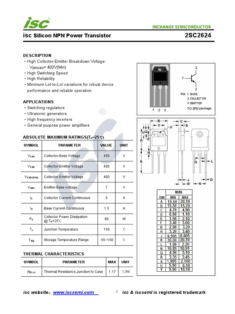 Isc 2SC2624: Silicon NPN Power Transistor | PDF | Bipolar Junction ...