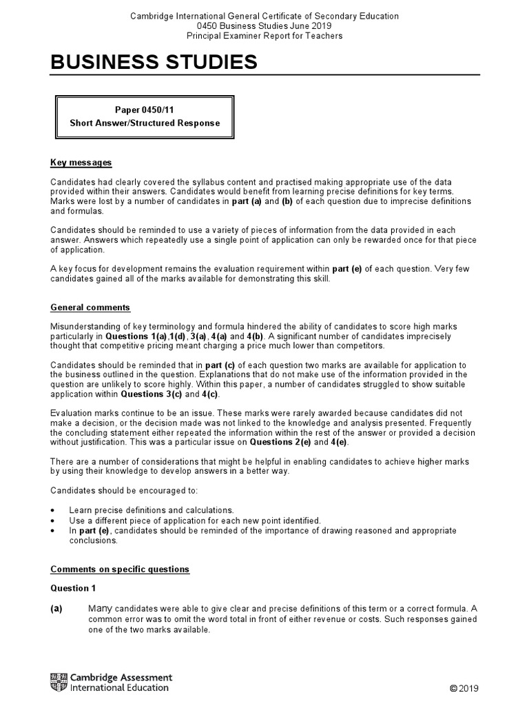 Business Studies: Paper 0450/11 Short Answer/Structured Response ...
