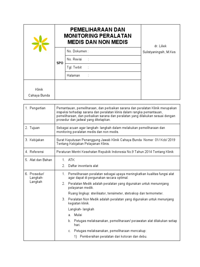 Sop Pemeliharaan Dan Monitoring Peralatan Medis Dan Non Medis | PDF