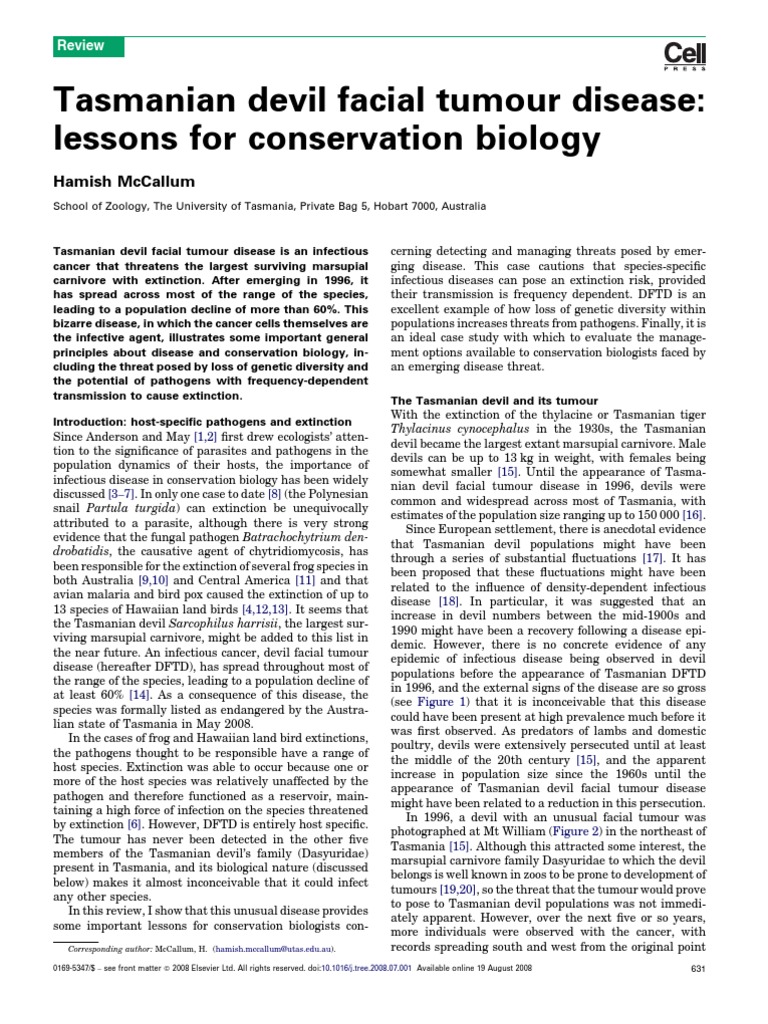 Tasmanian Devil Facial Tumour Disease: Lessons For Conservation Biology ...