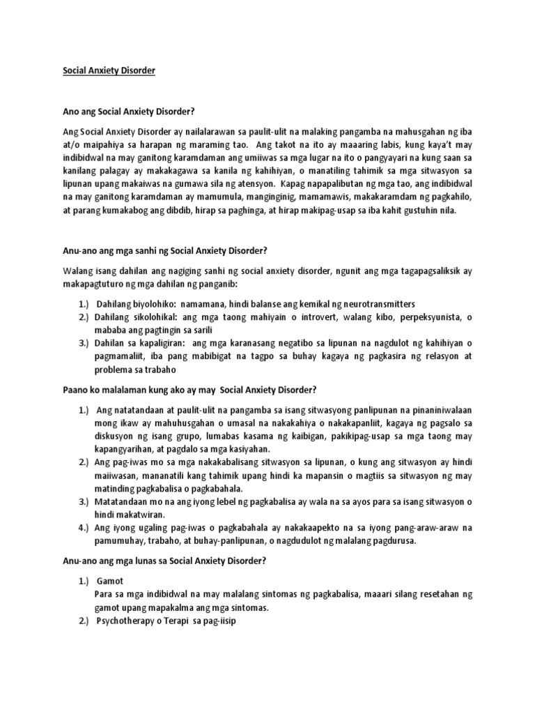 Social Anxiety Disorder - Tagalog | PDF