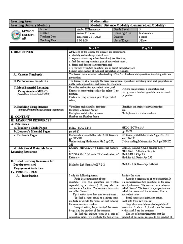 LE Math Grades 5 Q2 Week 8 | PDF | Ratio | Teaching Mathematics