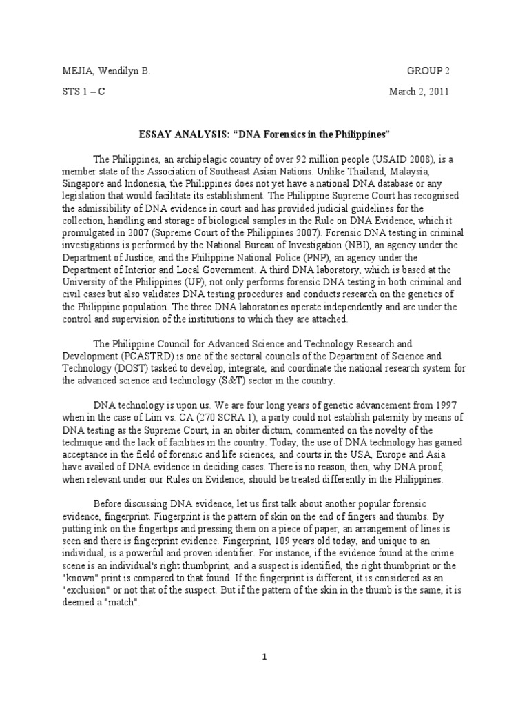 ESSAY ANALYSIS: "DNA Forensics in The Philippines" | PDF | Dna ...