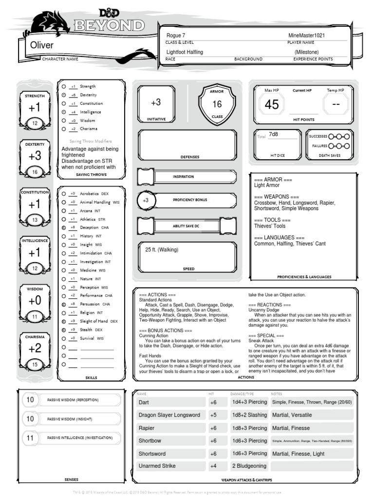 Oliver Finn The Rogue - Character Sheet | PDF | Role Playing Games ...