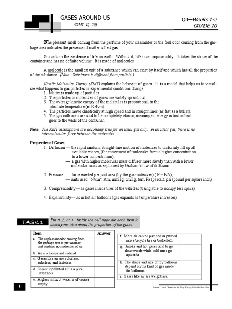 Weeks 1 2 G10 Q4 Chem Worksheets | PDF | Gases | Mole (Unit)