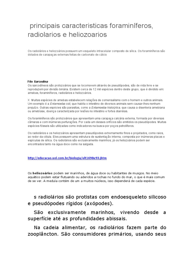 Foraminíferos, Radiolários e Heliozoários | PDF | Protozoários | Organismos