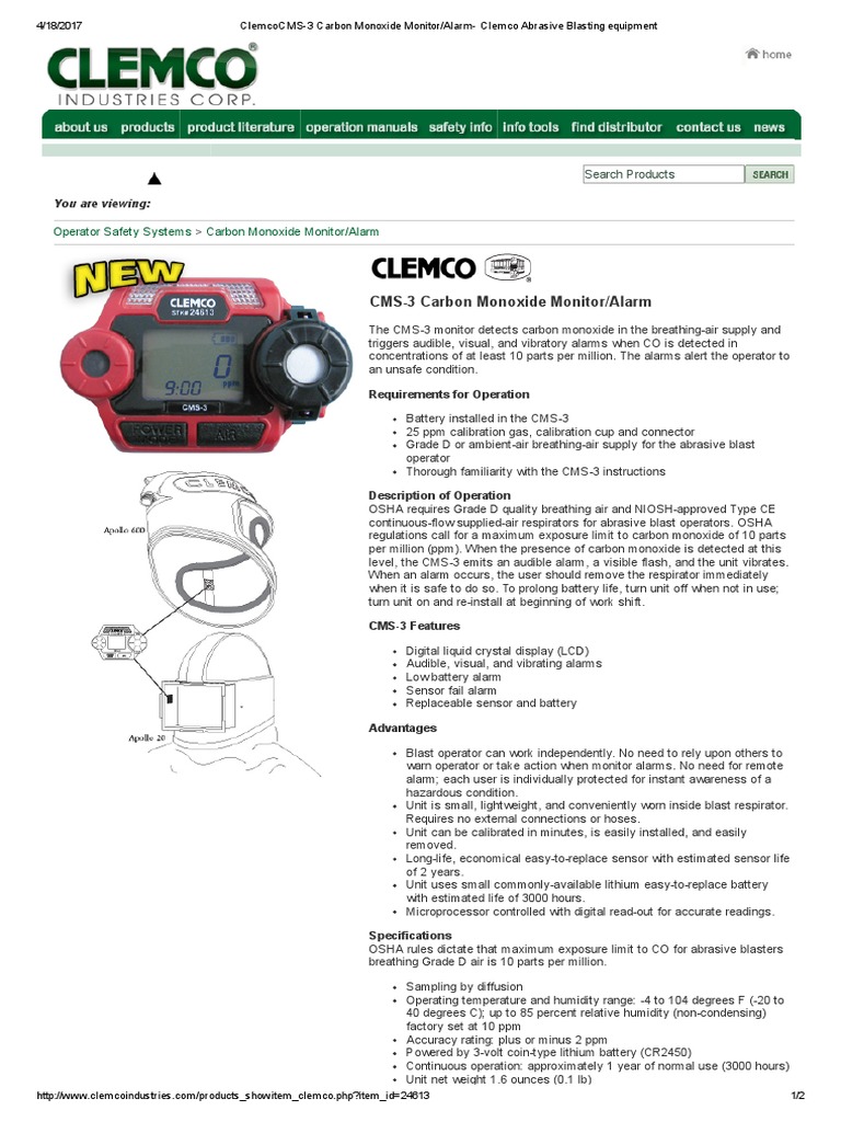 ClemcoCMS-3 Carbon Monoxide Monitor - Alarm - Clemco Abrasive Blasting ...